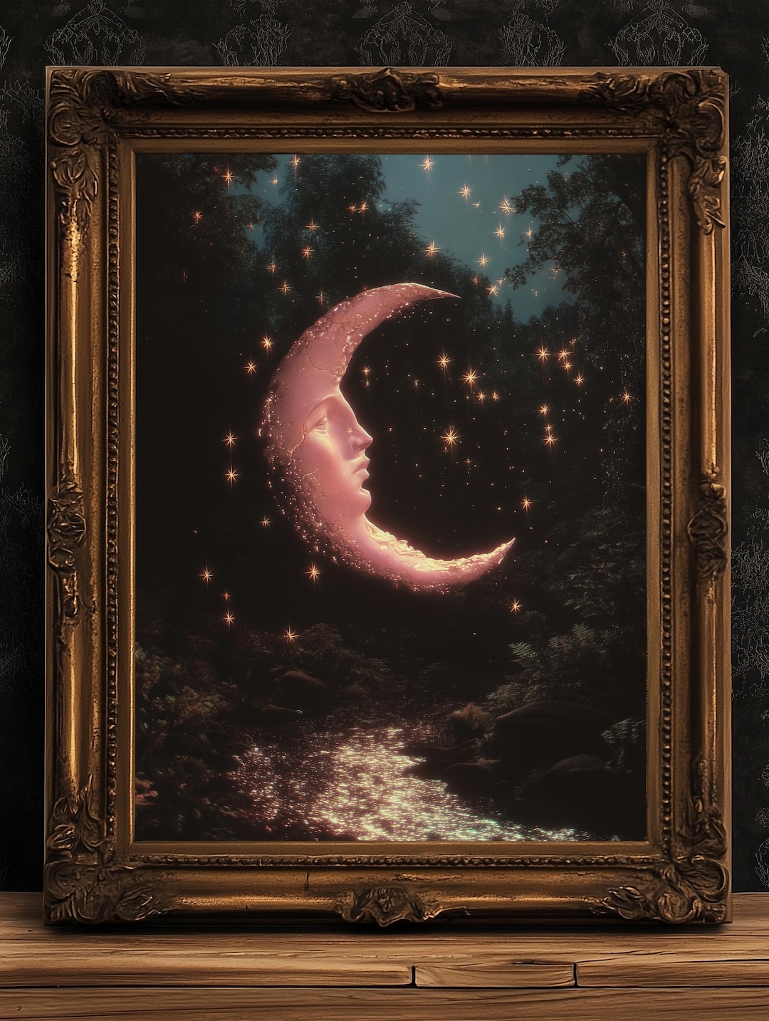 Crescent Moon Face Art Print, Whimsical Dreamcore Night Sky Wall Decor ...