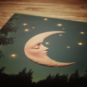 Whimsical Crescent Moon Face Art Print, Vintage Dreamcore Night Sky ...