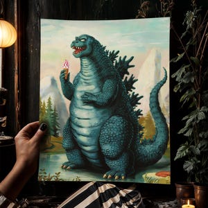 Funny Godzilla Wall Art Print, Vintage Style Gojira Eating Ice Cream ...