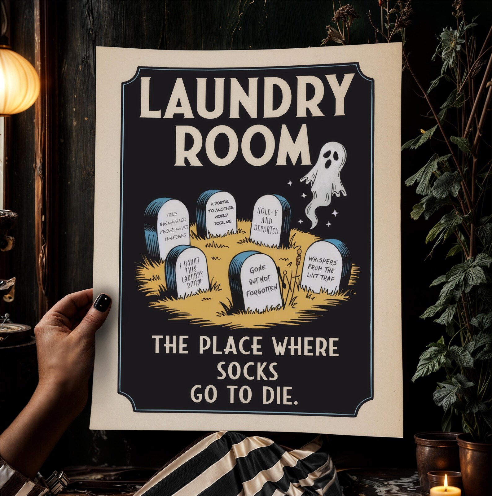 Haunted Laundry Room Poster, Funny Lost Socks Sign, Vintage Style Wall ...