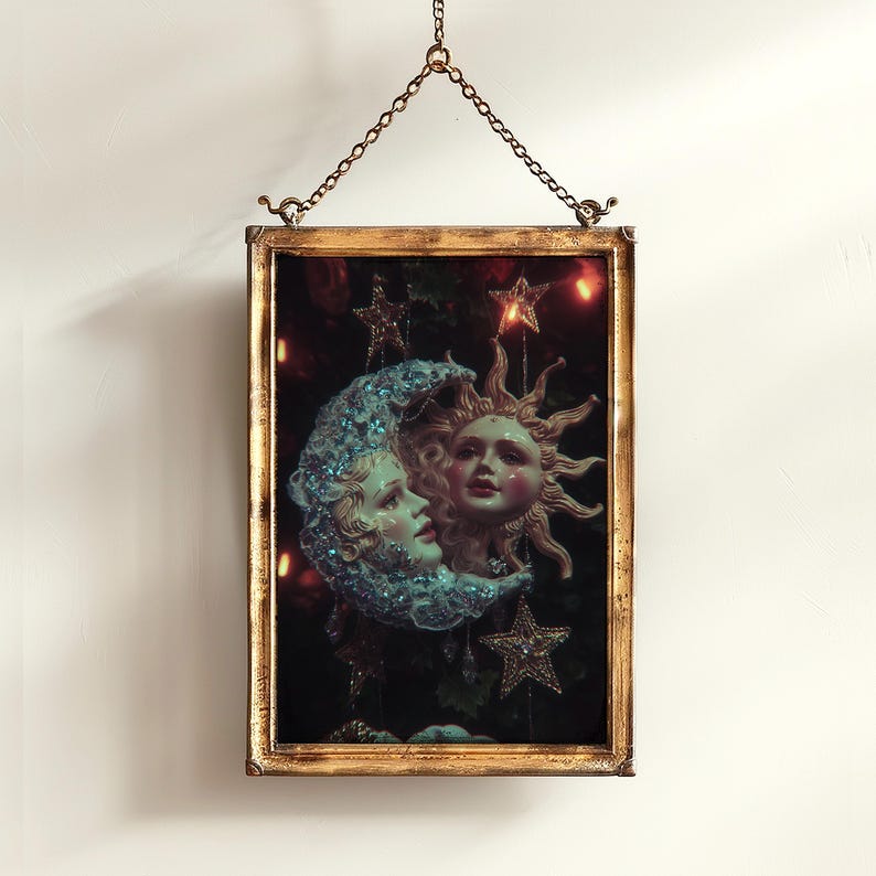 Whimsical Sun & Moon Art Print, Vintage Dreamcore Night Sky Wall Decor ...