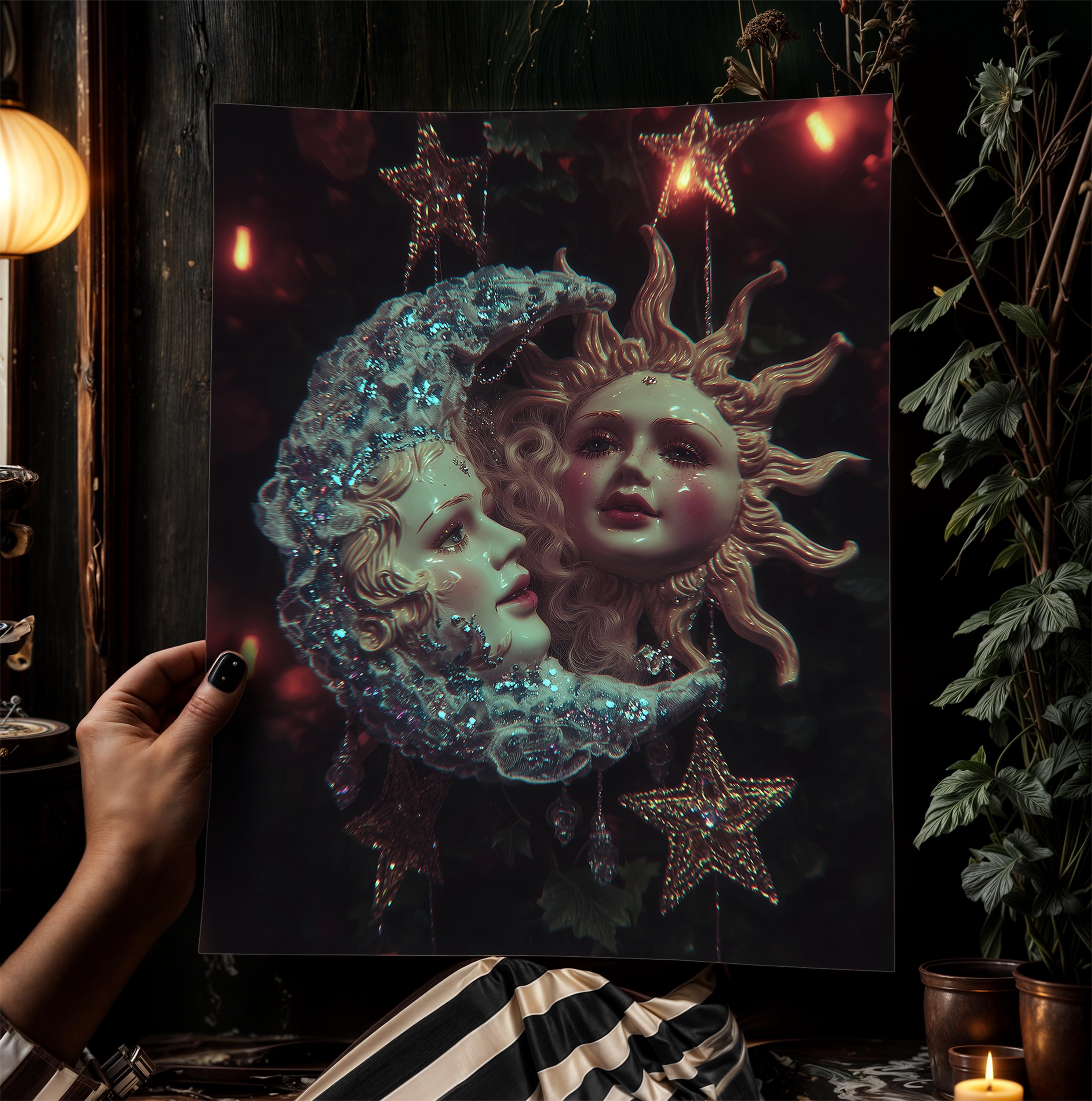 Whimsical Sun & Moon Art Print, Vintage Dreamcore Night Sky Wall Decor ...