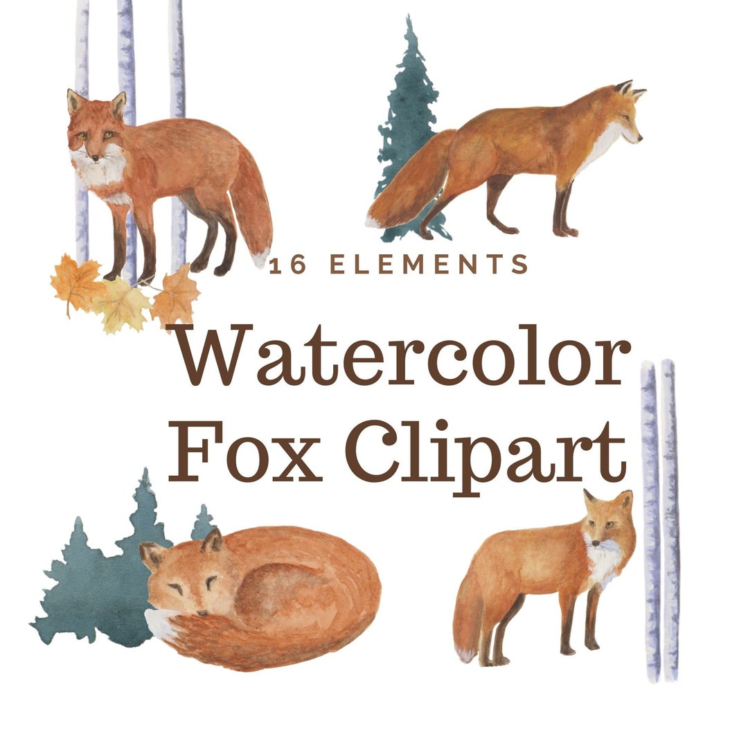 Watercolor Fox Clipart, Includes 4 Red Fox Illustrations, Trees, Leaves ...