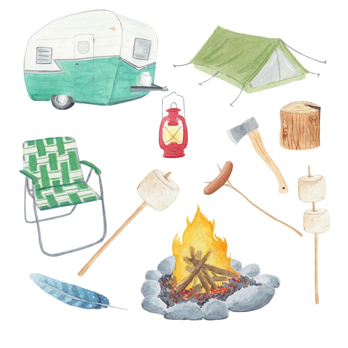Watercolor, Camping Clipart, Vintage Trailer Watercolor Campfire, Tent ...
