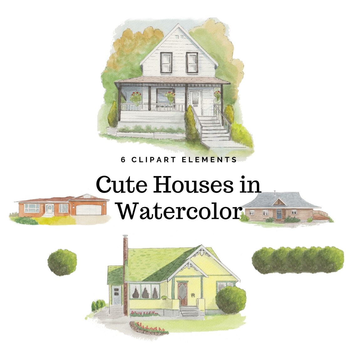 Watercolor Cute House Clipart, Cozy Houses Clipart With Shrubs and ...