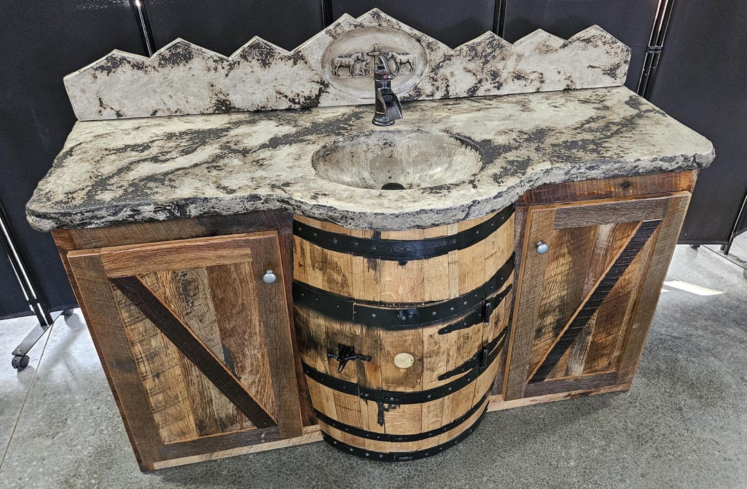 Reclaimed Barnwood Vanity With Aged Whiskey Barrel and Concrete ...