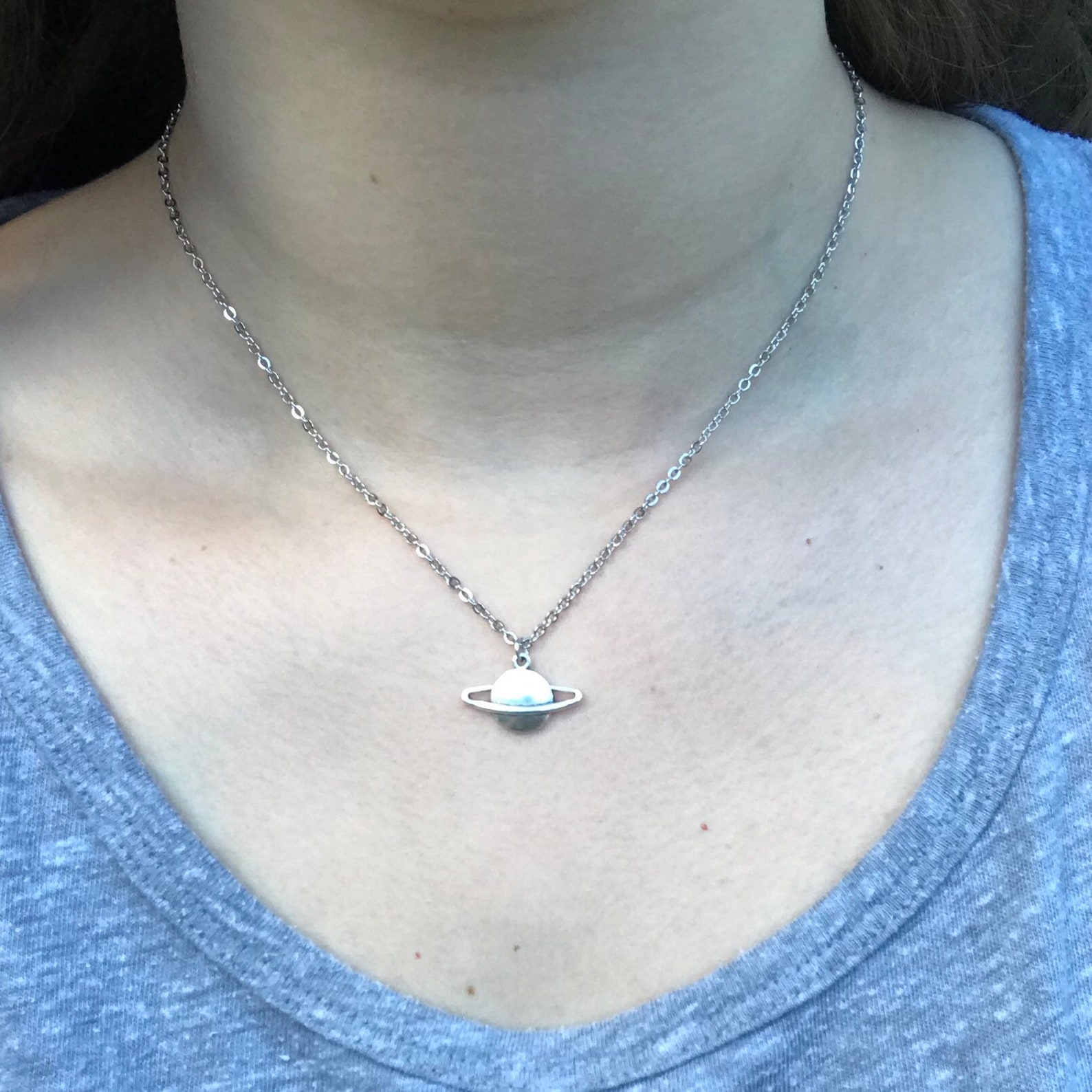 Silver Dainty Saturn Necklace With Stainless Steel Chain // - Etsy