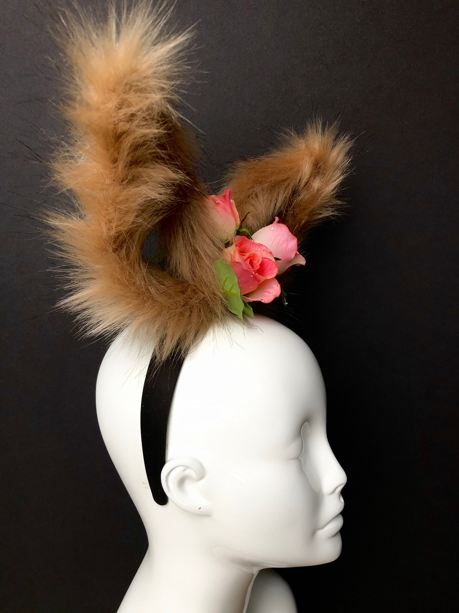 Faux Fur Bunny Ears Headpiece with Pink Roses - Etsy.de