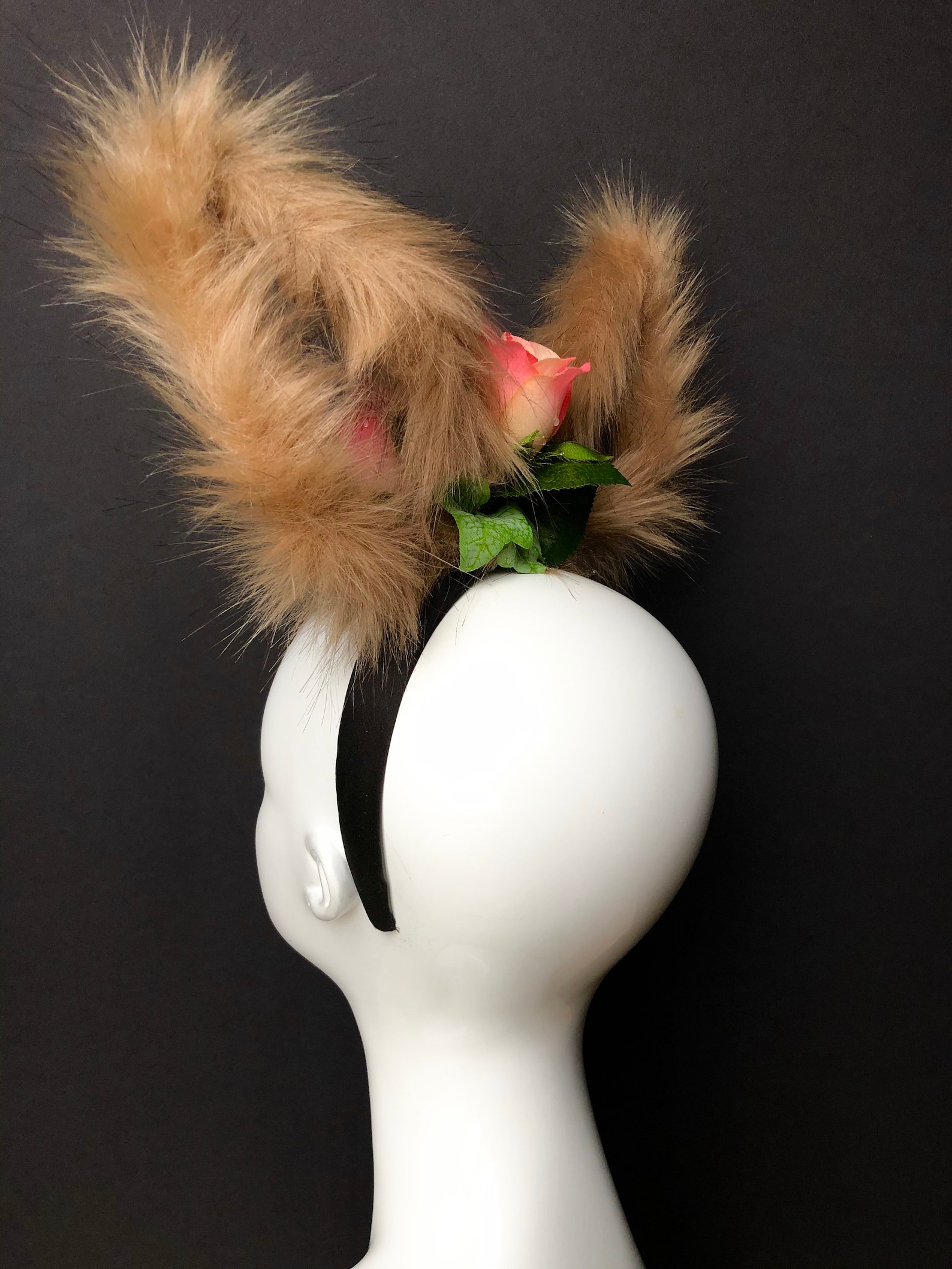 Faux Fur Bunny Ears Headpiece with Pink Roses - Etsy.de