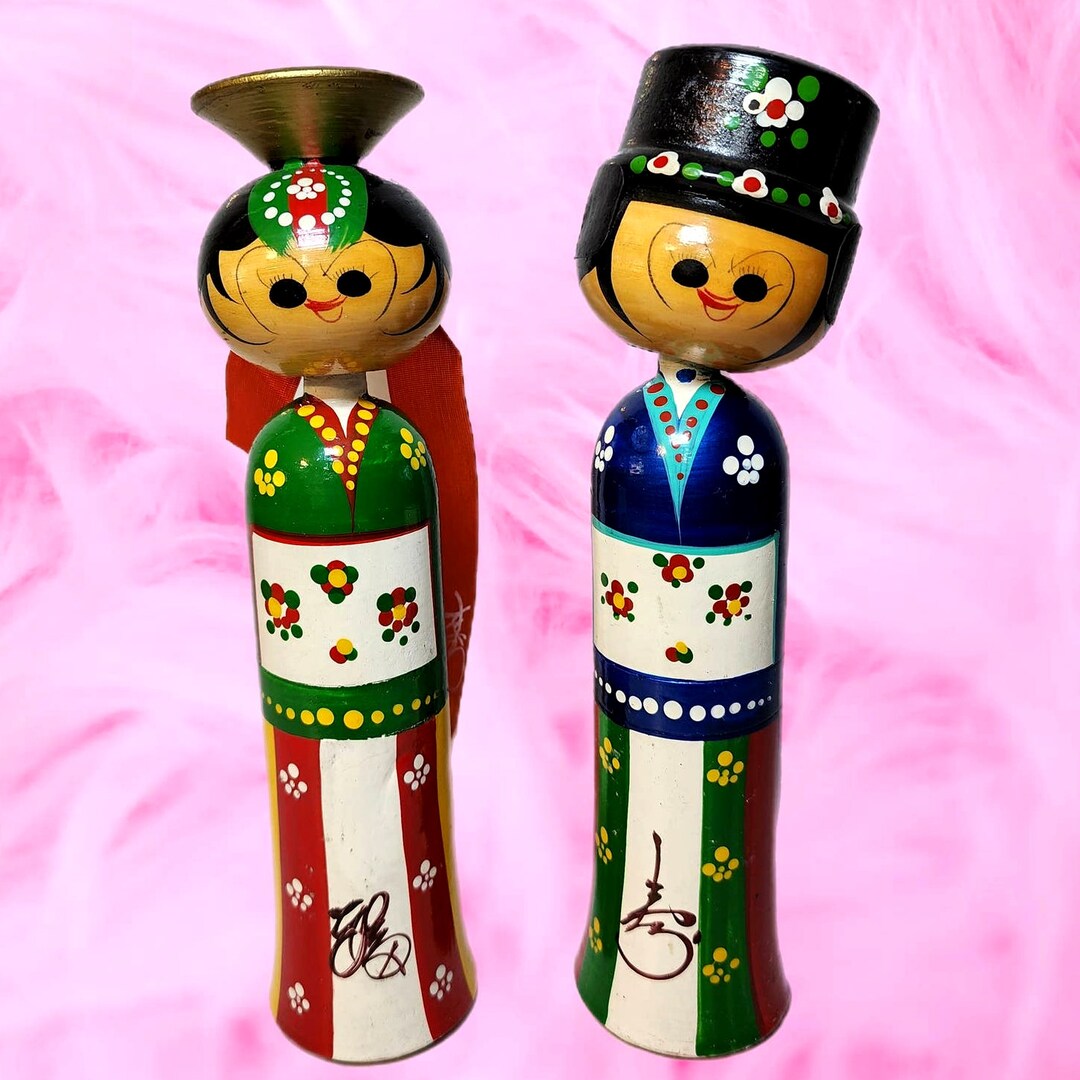 Vintage Asian Japanese Kokeishi Wooden Bobblehead Wedding Couple ...