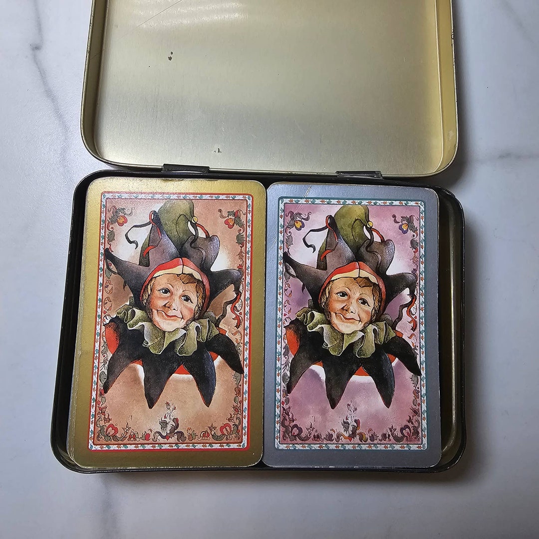 Vintage Enesco Playing Cards in Metal Tin Double Set Jester 4 Joker ...