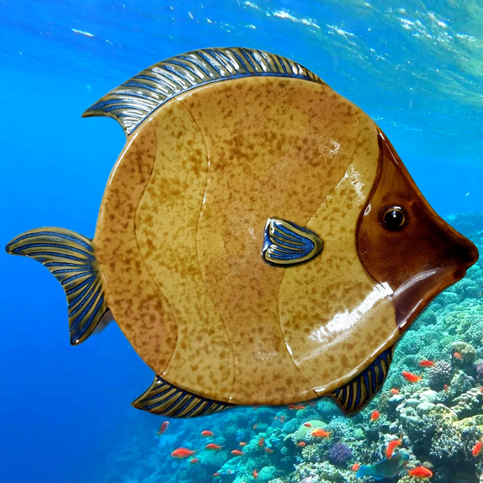 Vintage Ceramic Fish Wall Hanging Brown & Tan Round Pottery Fish Beach ...