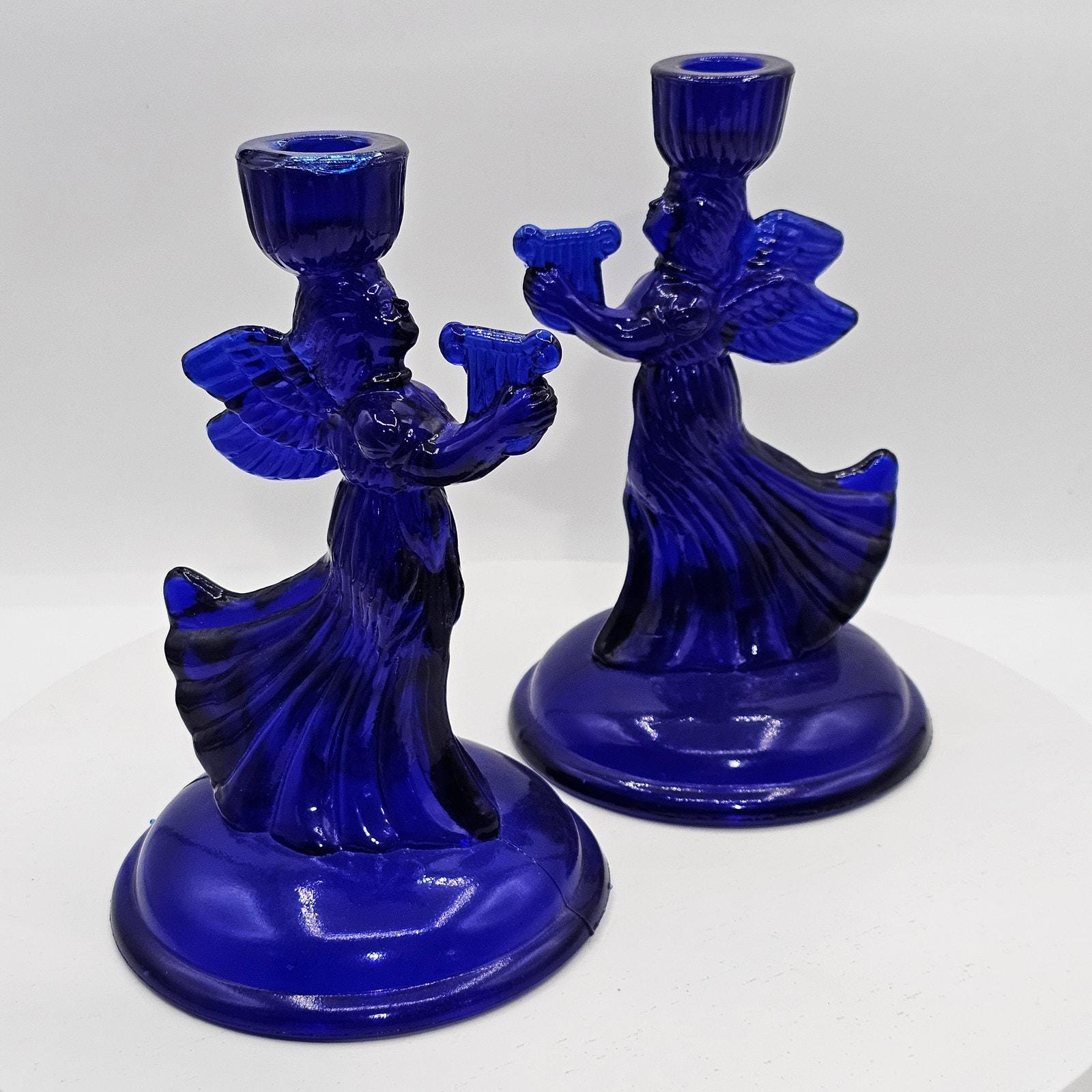 Vintage Cobalt Blue Glass Angel Candlestick Holders | Harp Figurines - Etsy