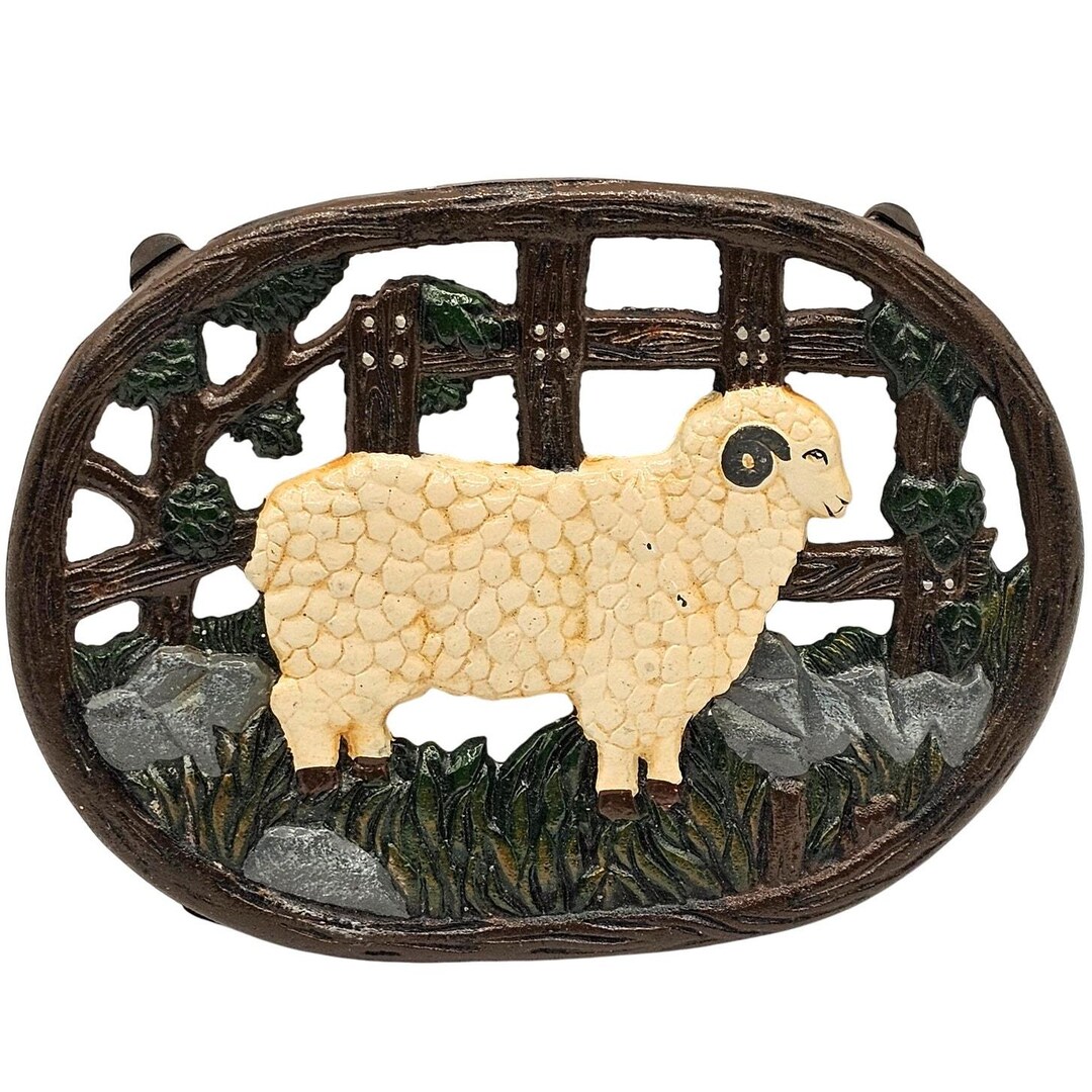 Vintage Cast Iron Sheep Trivet Wooly Ram Farmhouse Decor With Rubber ...
