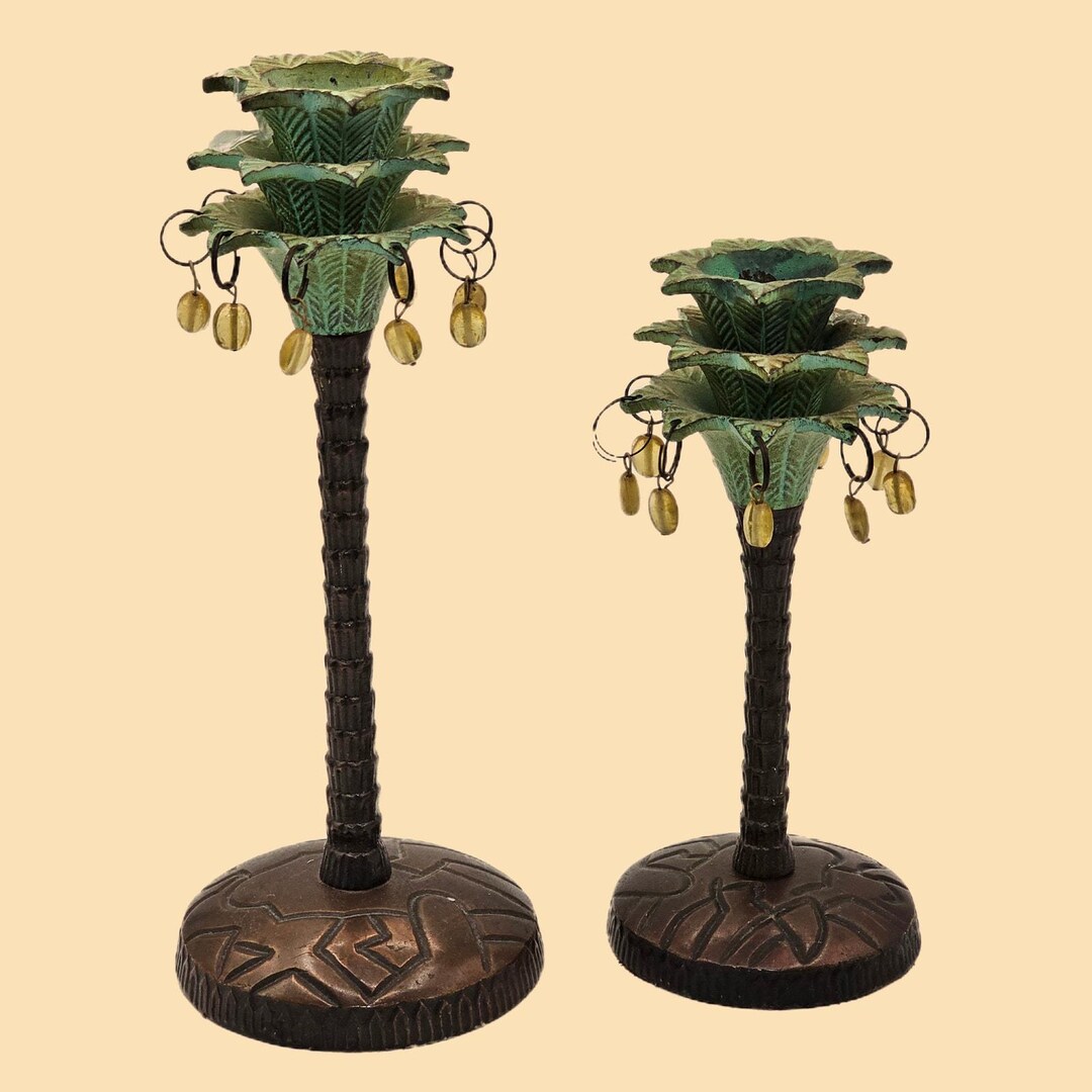 Cold Painted Brass Palm Tree Candlestick Set With Beaded Accents - Etsy