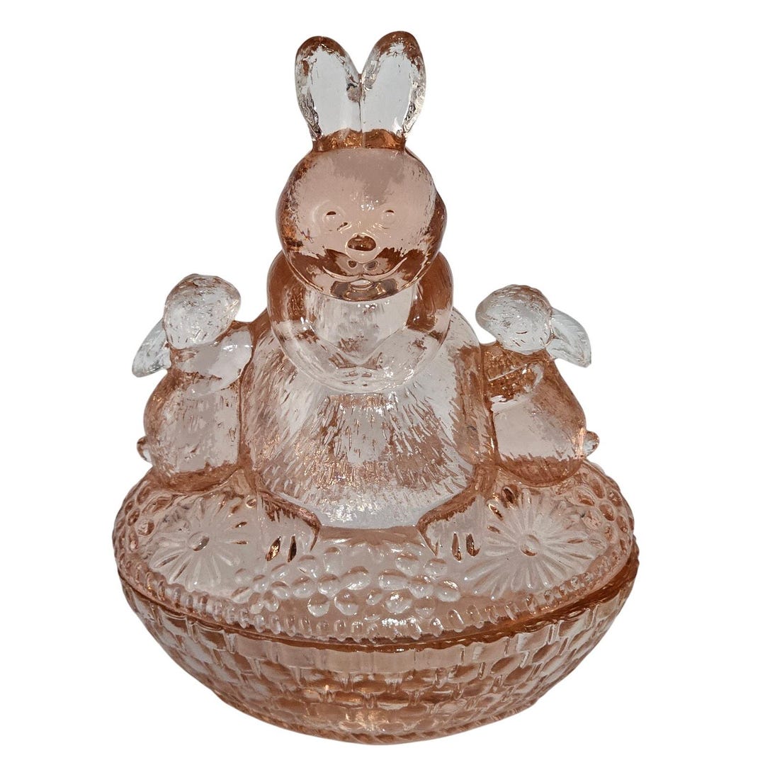 Vintage Pink Glass Rabbit Family and Floral Oval Candy Dish-easter ...