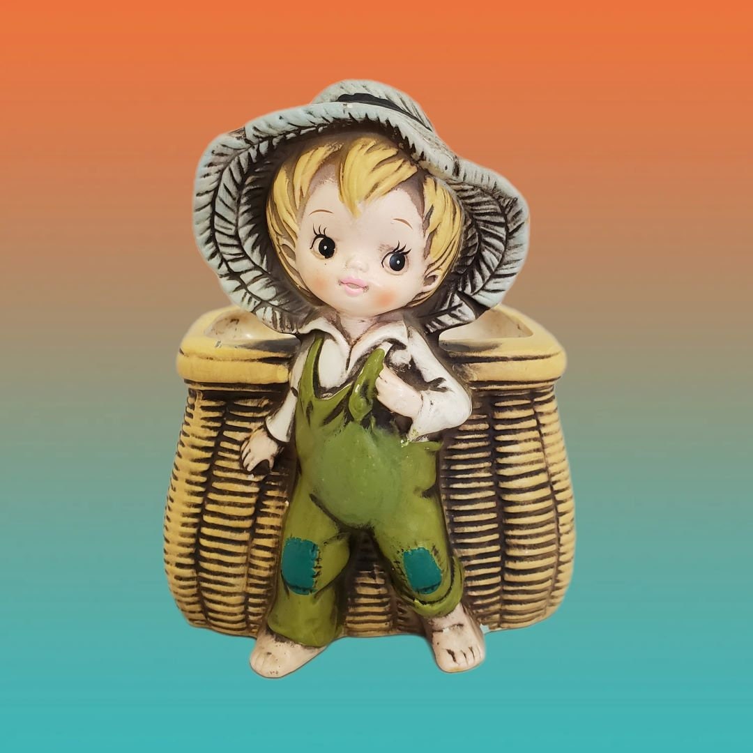 Vintage Caffco Ceramic Woven Basket Planter Cute Farmer Boy Pot/vase ...