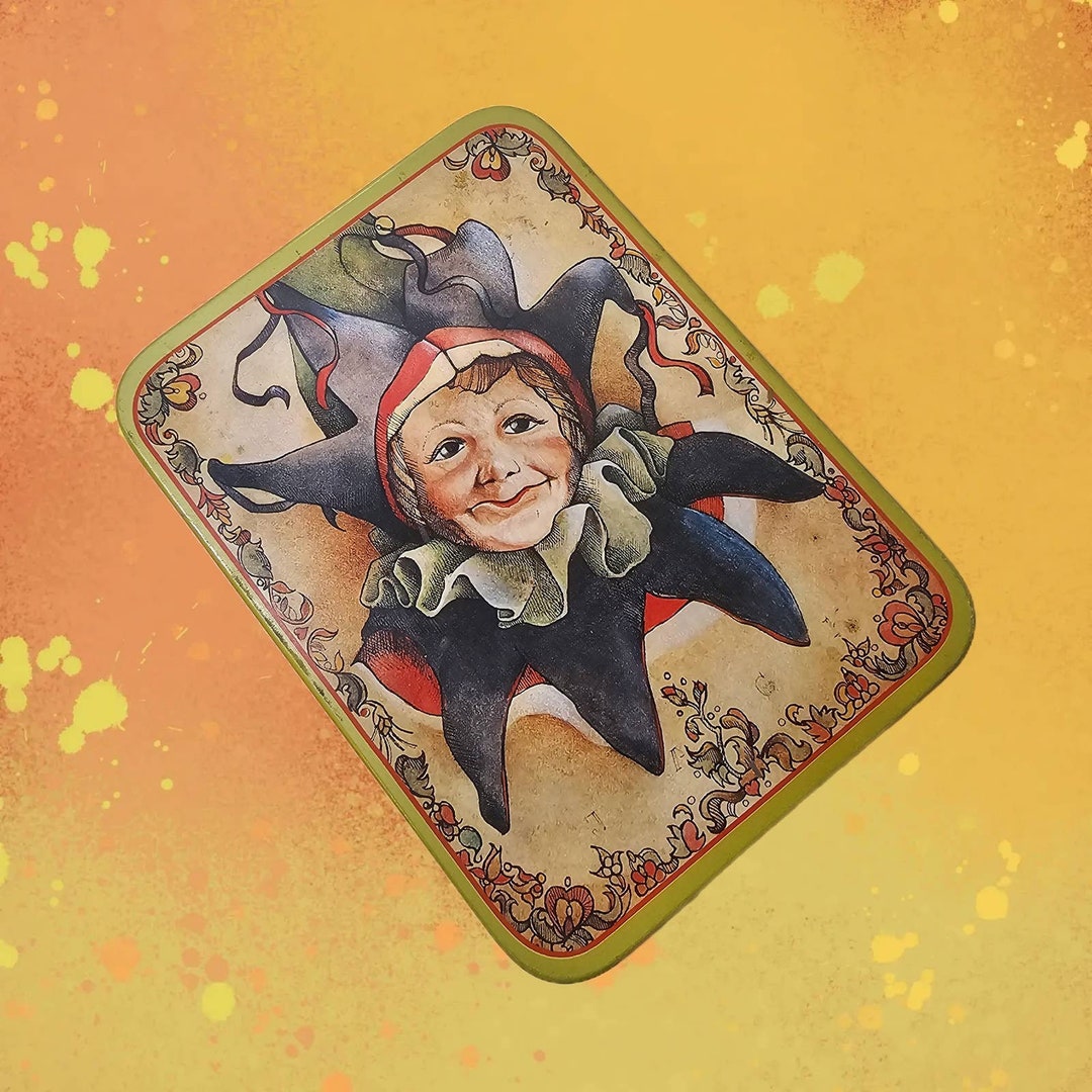 Vintage Enesco Playing Cards Metal Tin Double Set Jester 4 Joker Genie ...