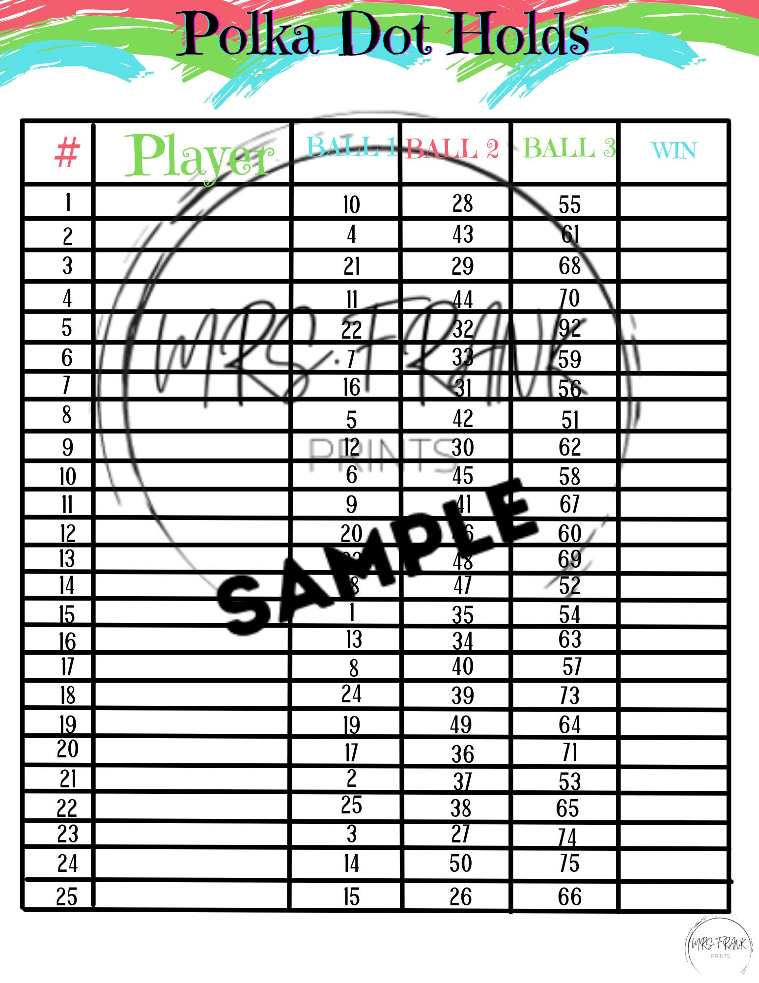 Online Printable 1-75 Bingo Holds Game 75 Ball Polka Dot Holds - Etsy