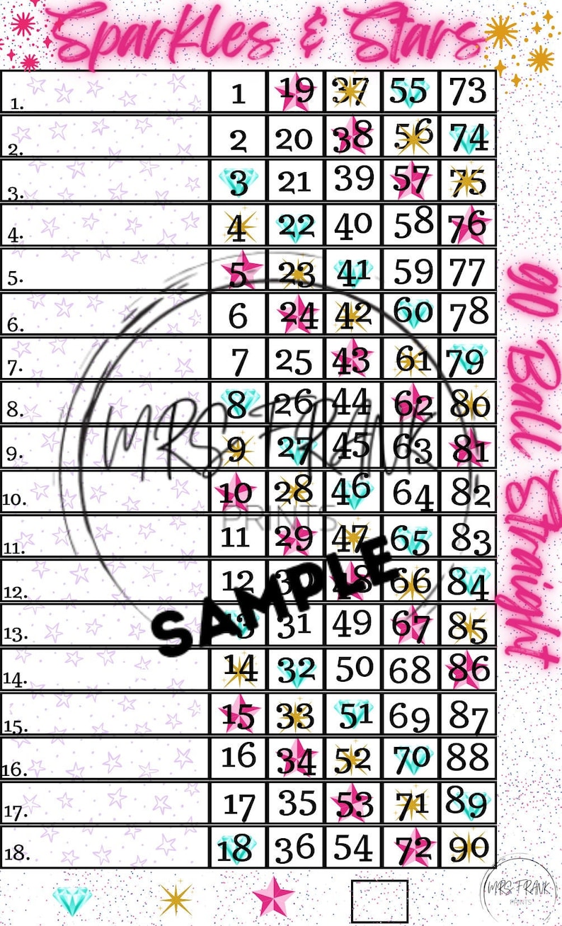 Online Bingo Game Card - Sparkles and Stars 90 Ball Straight - Etsy