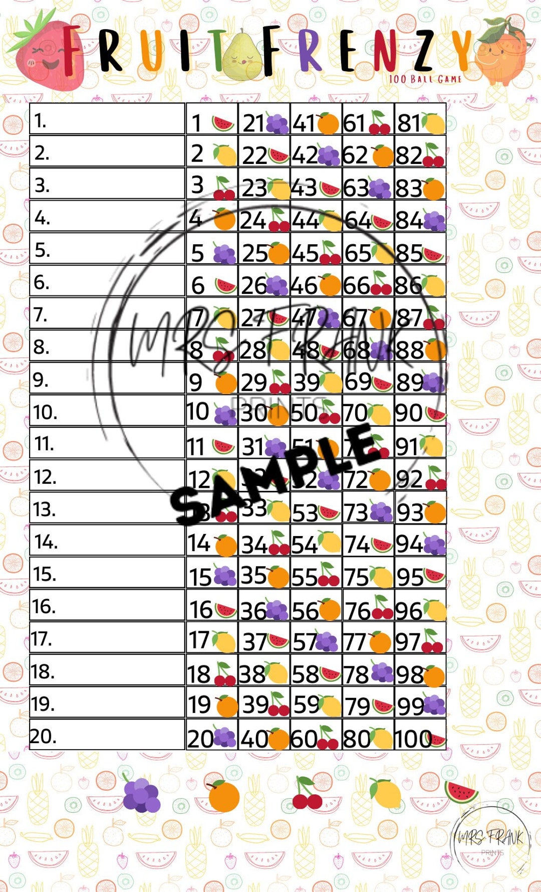 Online Bingo Game Card - Fruit Frenzy 100 Ball Straight Game - Etsy