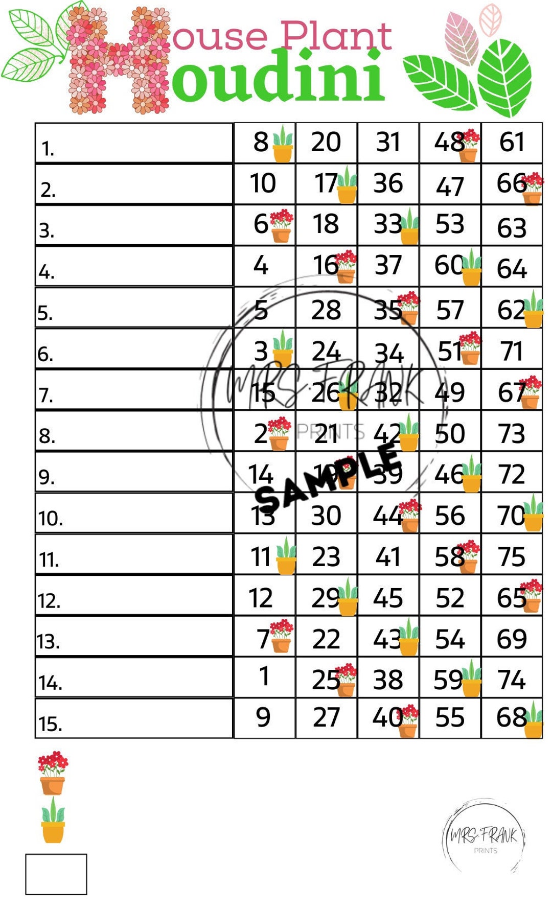 Printable Bingo Card | House Plant Houdini | Spring Theme| 75 Ball Card ...