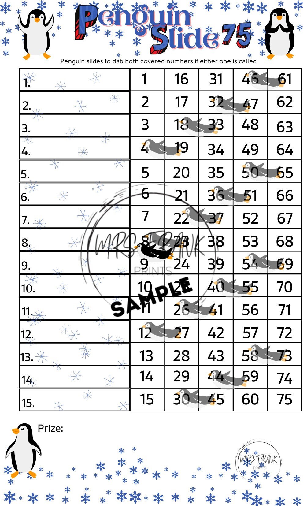 Printable Bingo Card Penguin Slide 75 75 Ball Game Straight Board ...