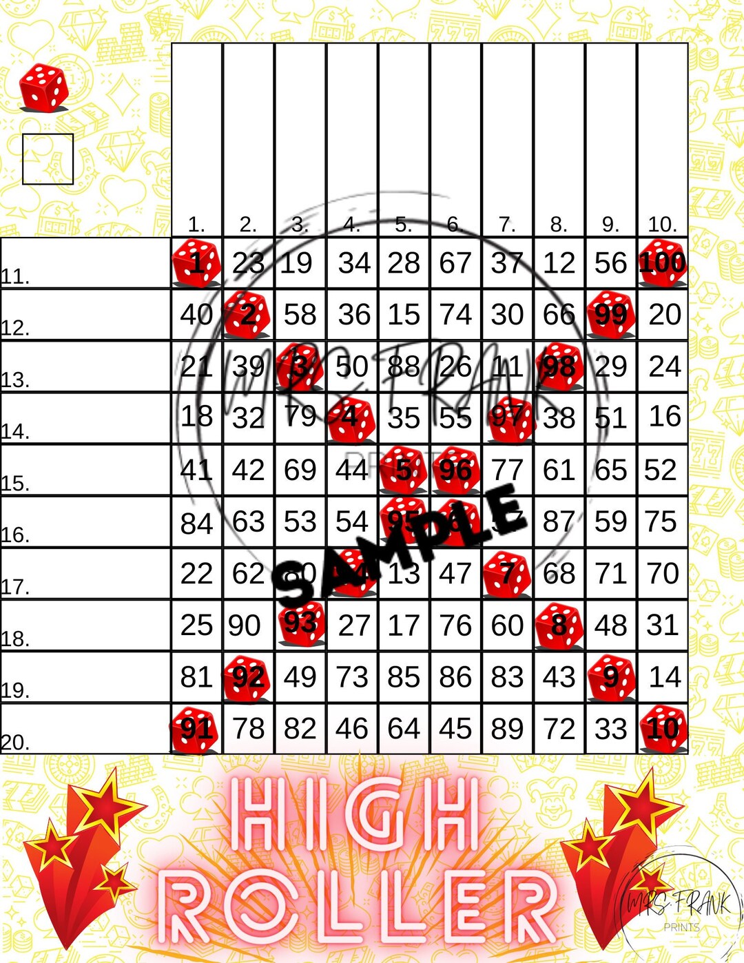 Online Printable Bingo Game High Roller 100 Ball Grid - Etsy