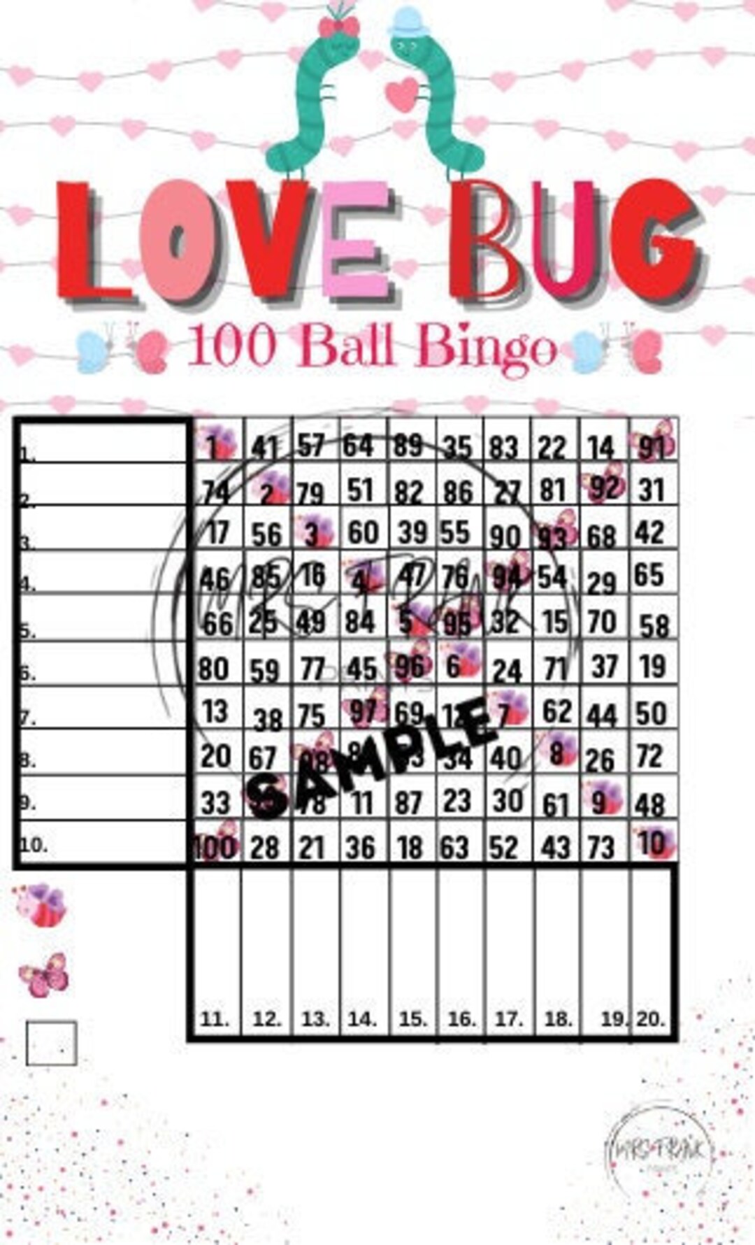 Printable Bingo Game Card - Love Bug Grid | 100 Ball Grid | Valentine's ...