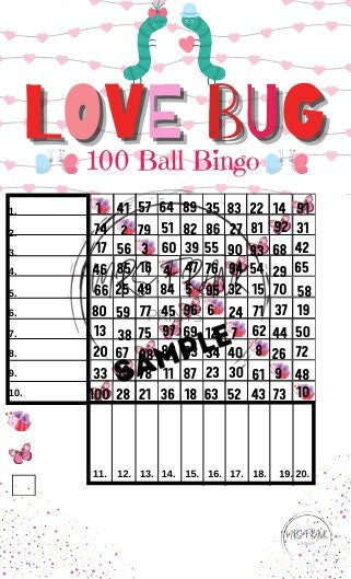 Printable Bingo Game Card Love Bug Grid 100 Ball Grid - Etsy