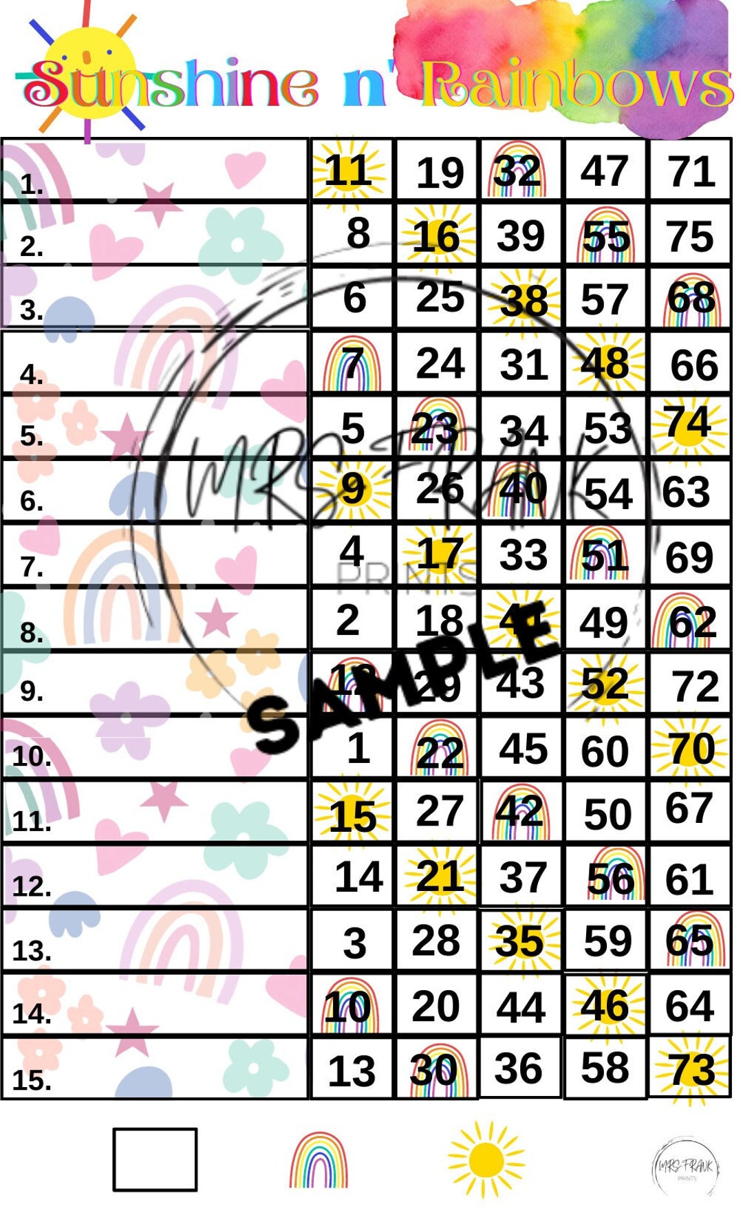 Online Printable Bingo Card | Sunshine N' Rainbows | 1-75 - Etsy