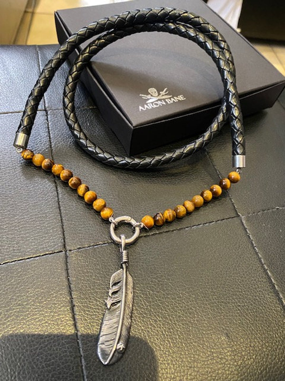 Aaron Bane® Tiger's Eye Feather Necklace With 8 Mm Leather Strap and ...