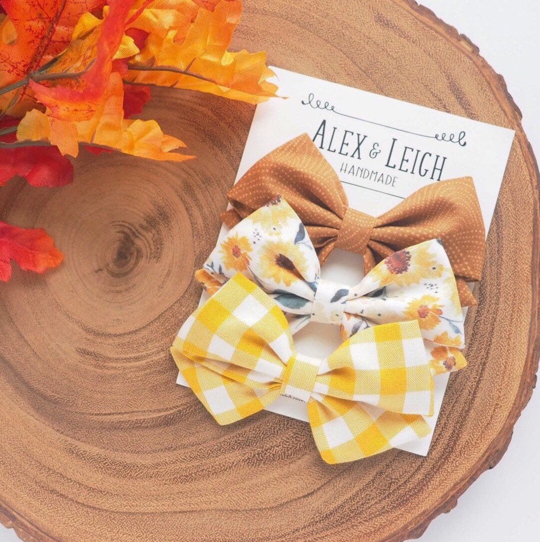 Fall Hair Bows Set - Autumn Fabric Bows - Sunflower, Yellow Check and ...