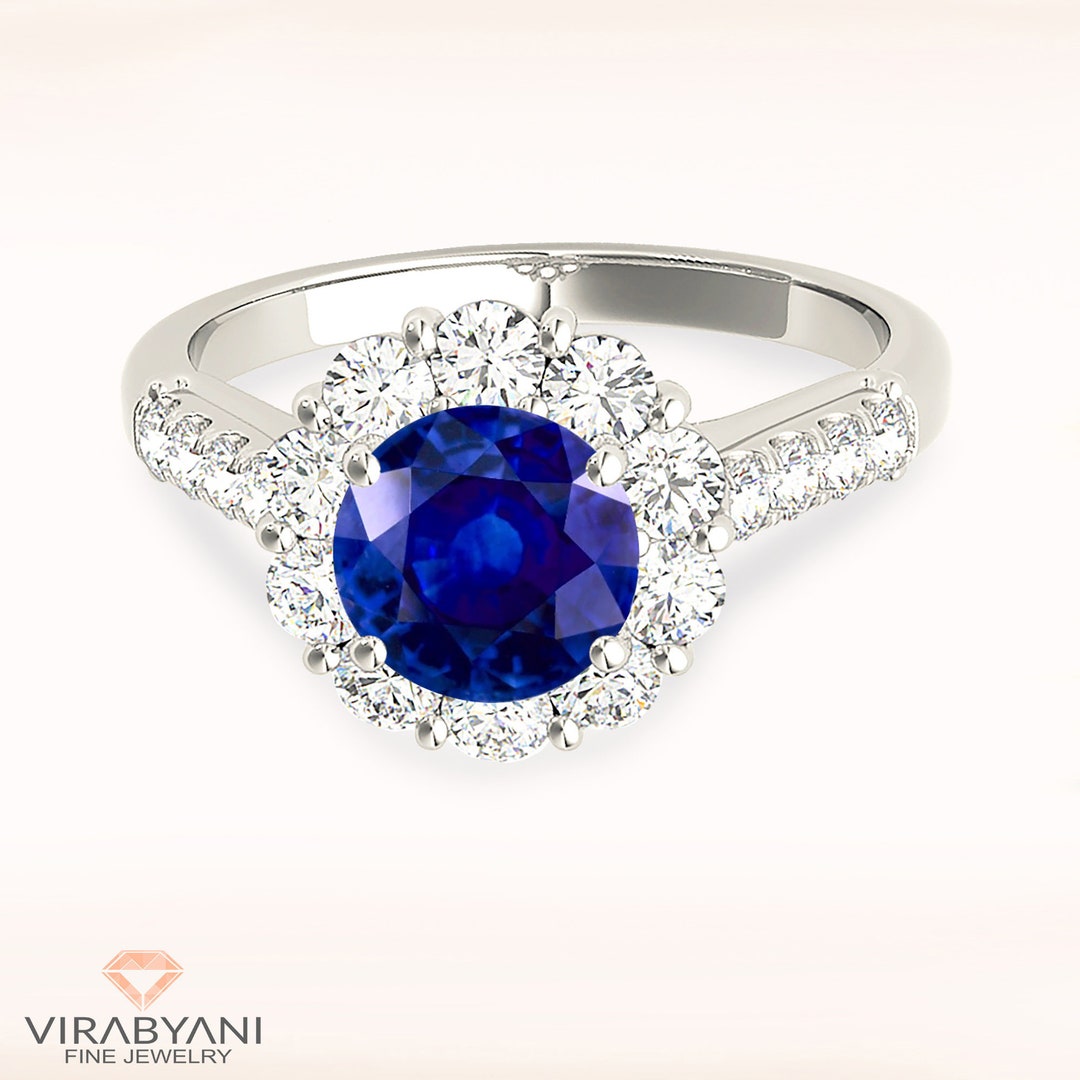 1.80 Ct. Genuine Blue Sapphire Halo Ring With 1.00 Ctw. Side Diamonds ...