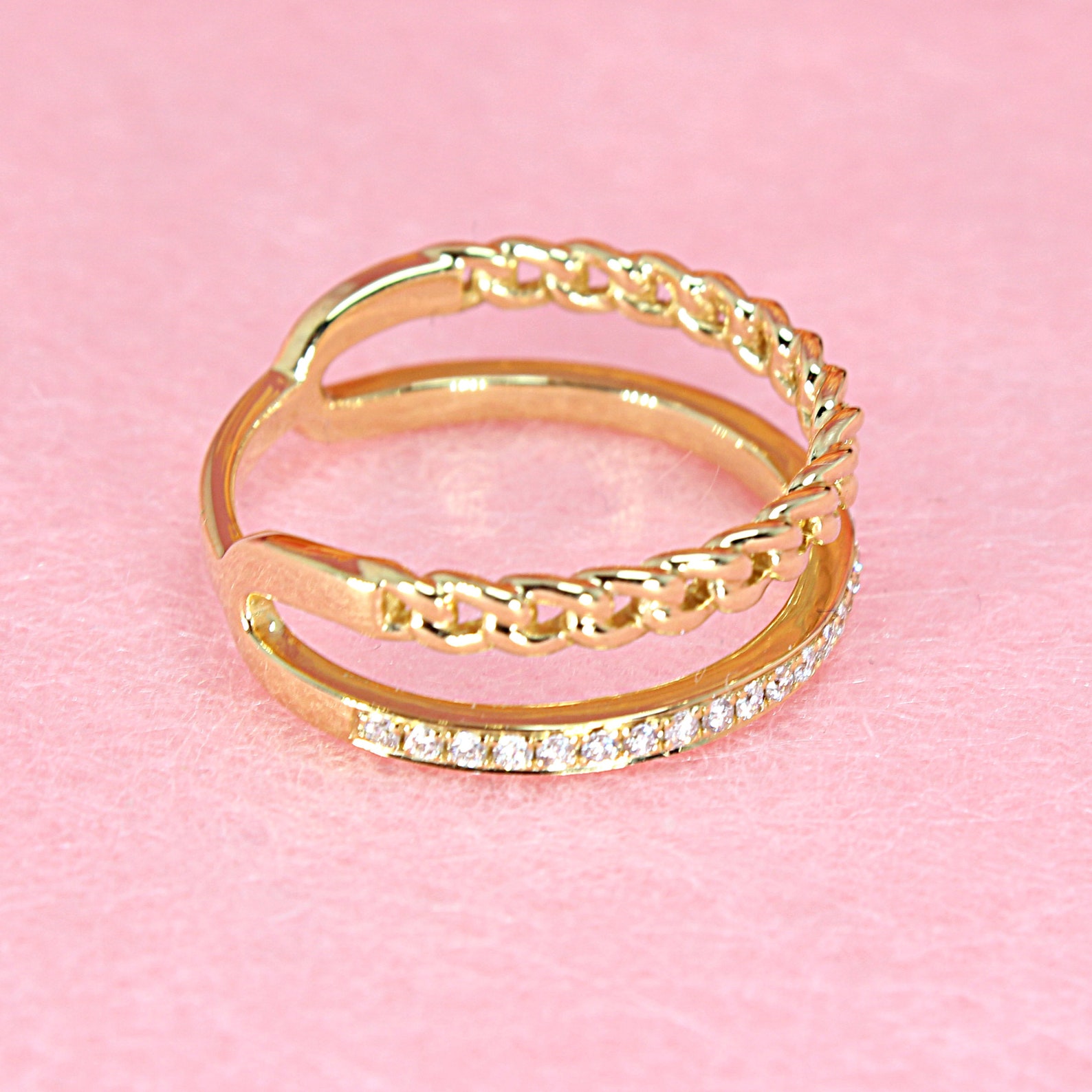 18k Yellow Gold Diamond Ring | Two Row Pave Set Diamond Ring With Chain ...