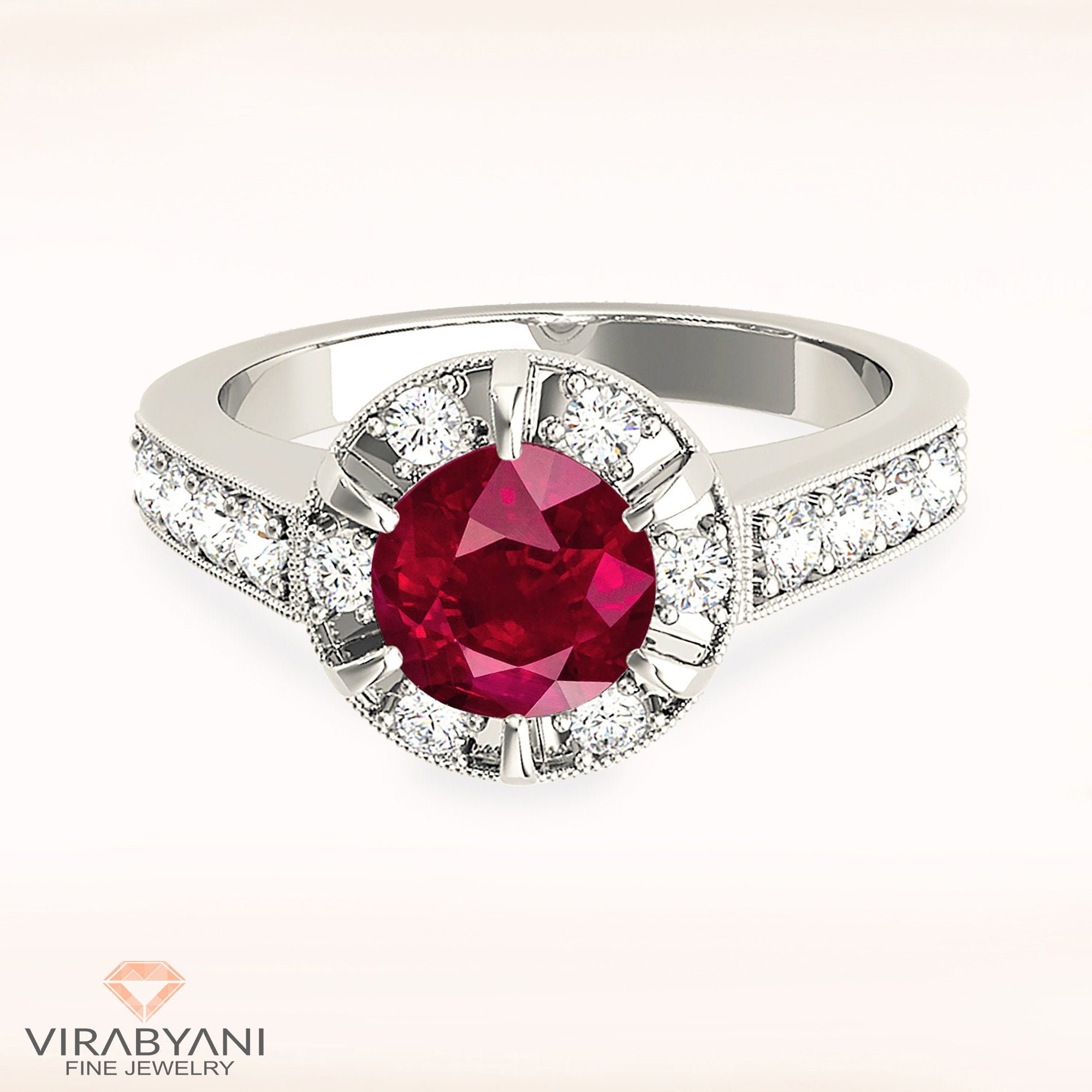 1.45 Ct. Genuine Ruby Ring With 0.75 Ctw. Bar Set Diamond Halo - Etsy UK