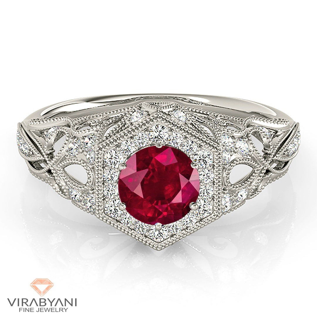 1.35 Ct. Genuine Ruby Ring With 0.35 Ctw. Diamond Halo and Hand Carved ...