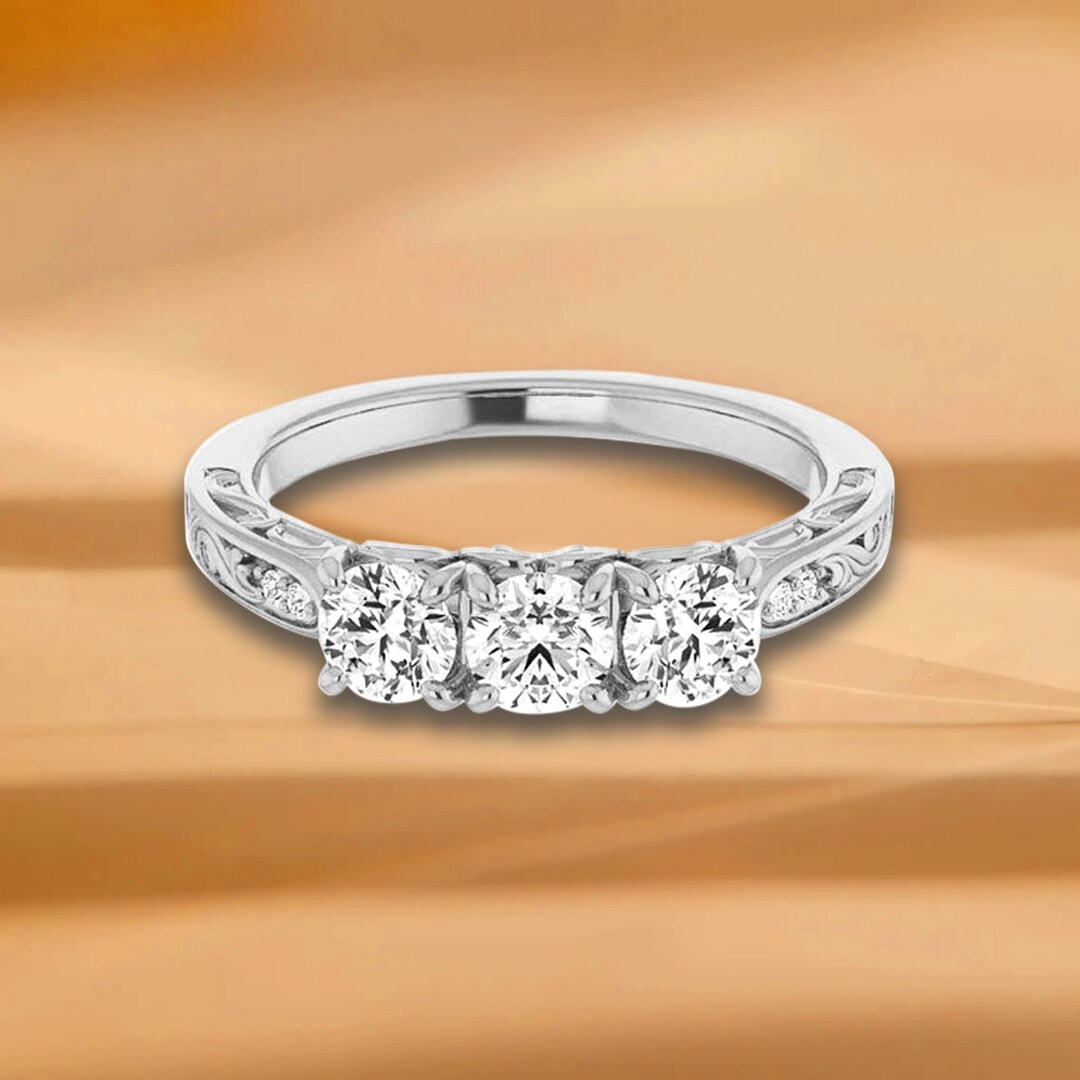 0,75 ct. Rundschliff Diamant 3 Stein Ehering Filigraner Akzent - 14K ...