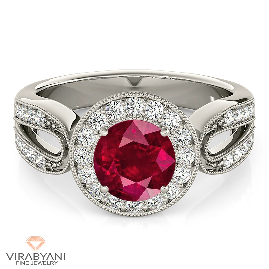 1.79 Ct. Genuine Ruby Ring With 0.35 Ctw. Milgrain Diamond Halo and ...