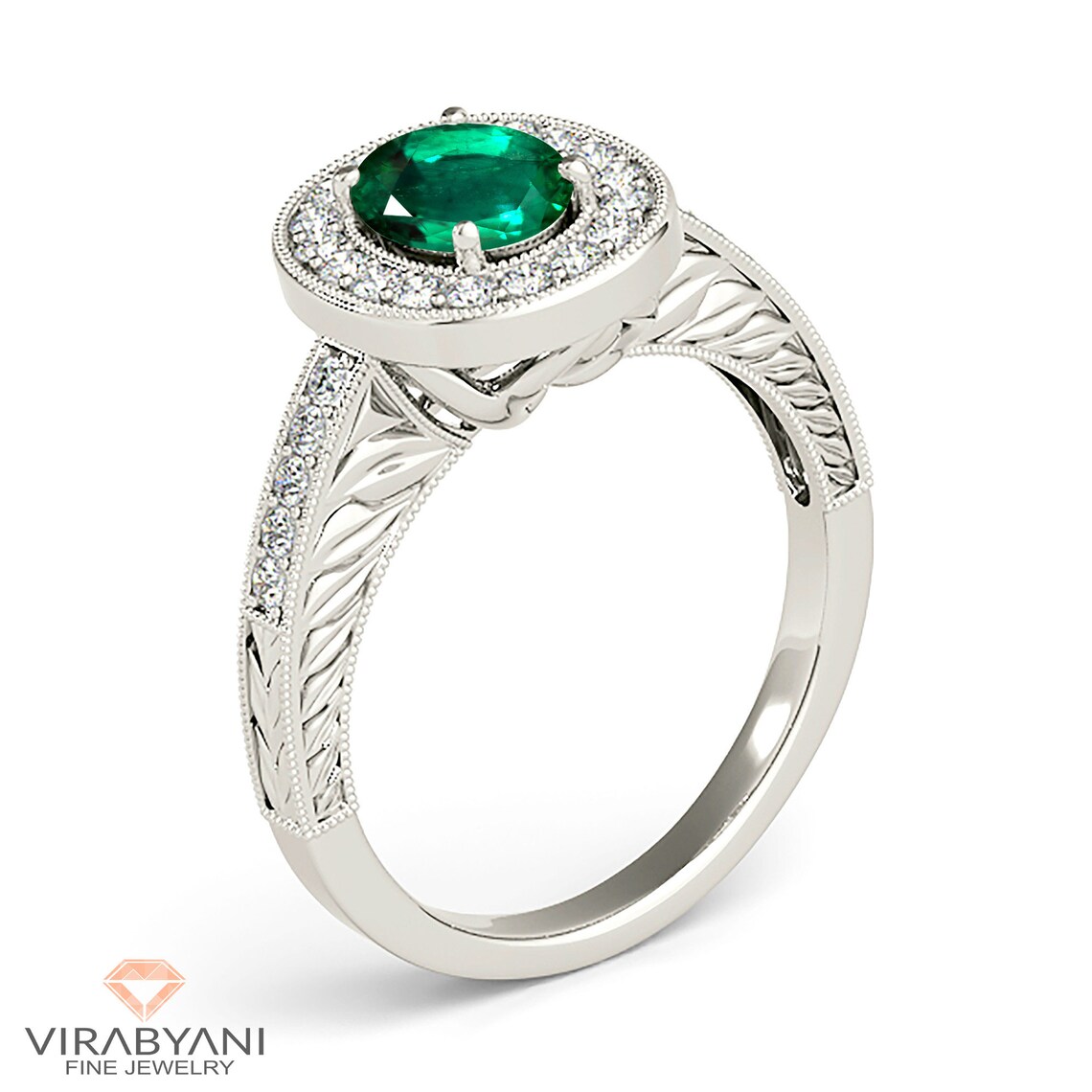 2.00 Ct. Genuine Oval Emerald Ring With 0.35 Ctw. Diamond Halo,milgrain ...