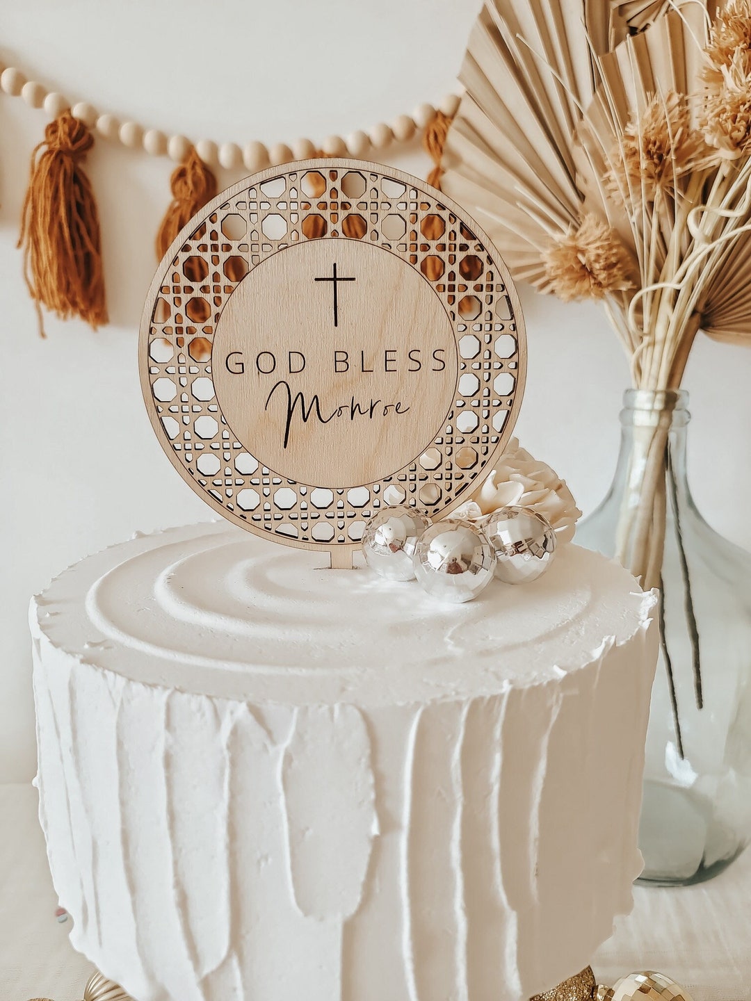 Personalized Round Baptism Cake Topper | Rattan Cake Topper | First ...