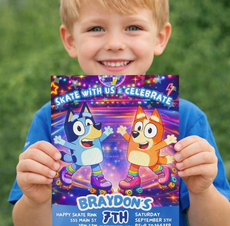BLUEY Roller Skating Neon Birthday Invitation Template Self Edit ...