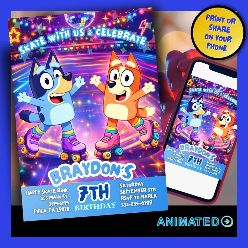 BLUEY Roller Skating Neon Birthday Invitation Template Self Edit ...