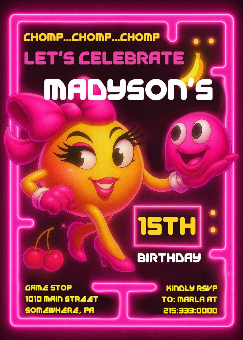 Miss Pac-man Hot Pink Birthday Invitation | Retro Arcade Video Game ...