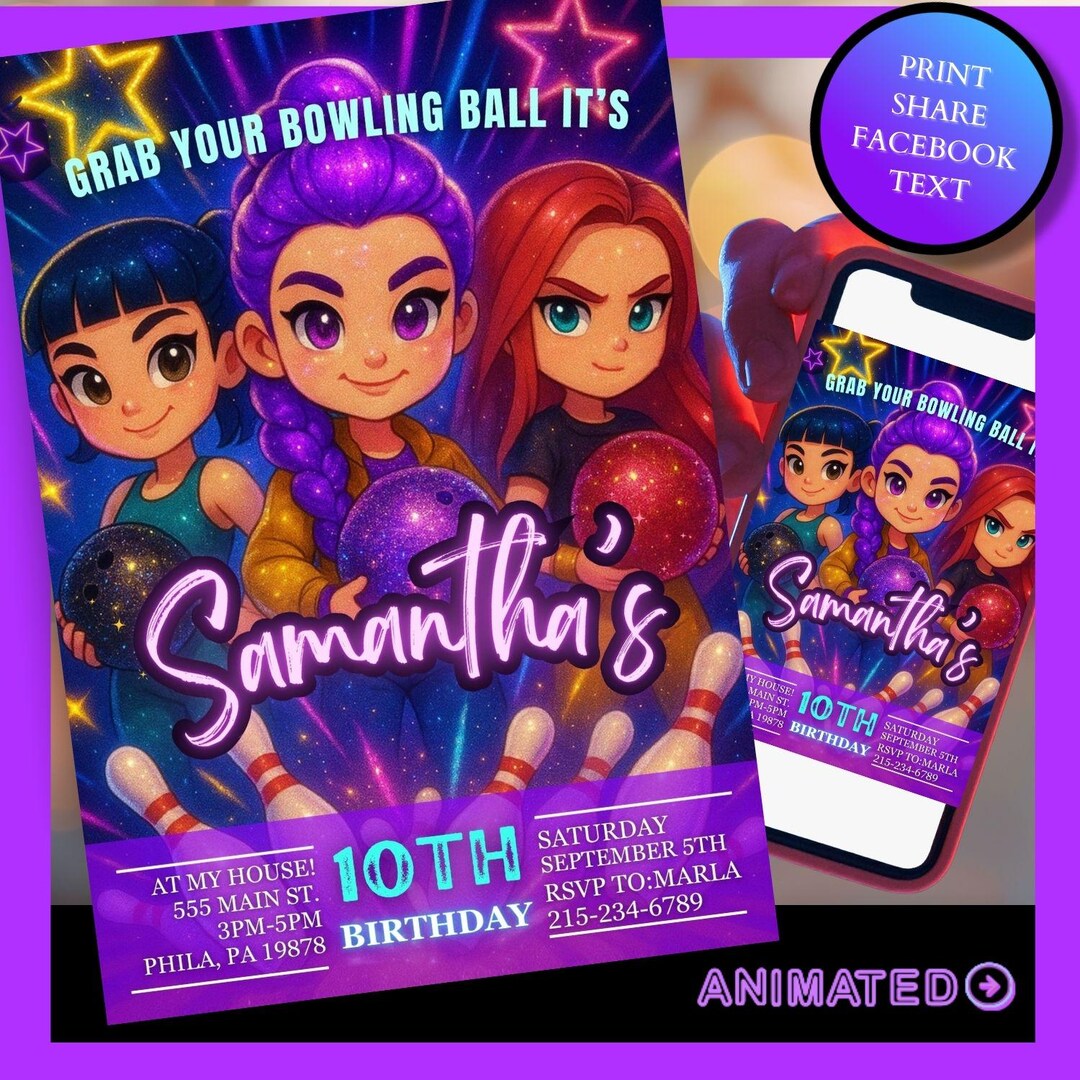 Bowling KPOP K-pop Demon Hunter Anime Birthday Invitation Animated ...