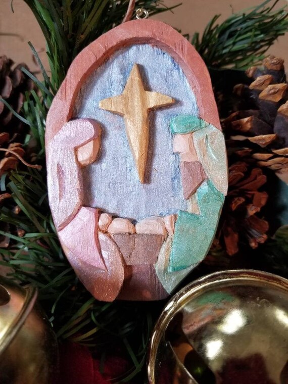 Hand Carved Manger scene ornament | Etsy