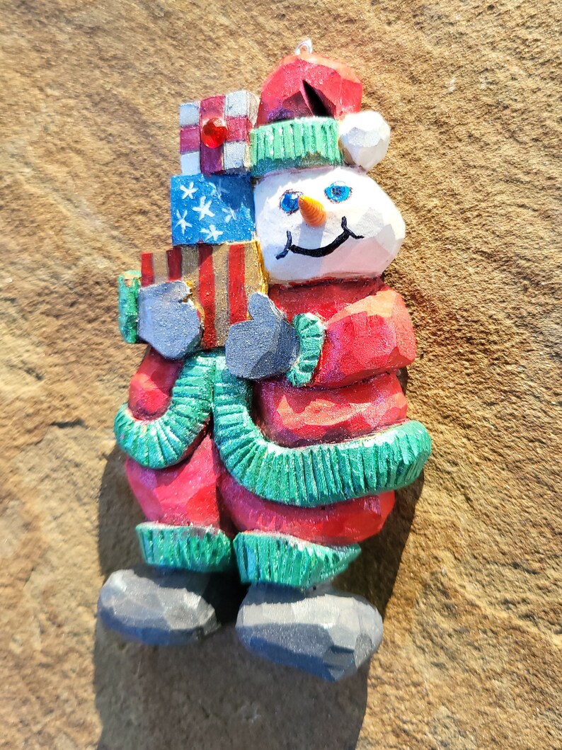 Hand Carved Snowman and Presents - Etsy