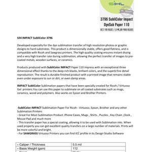 Sihl Sublicolor IMPACT Dye Sub Paper 8.5x11 for Ricoh/virtuoso 1000 ...