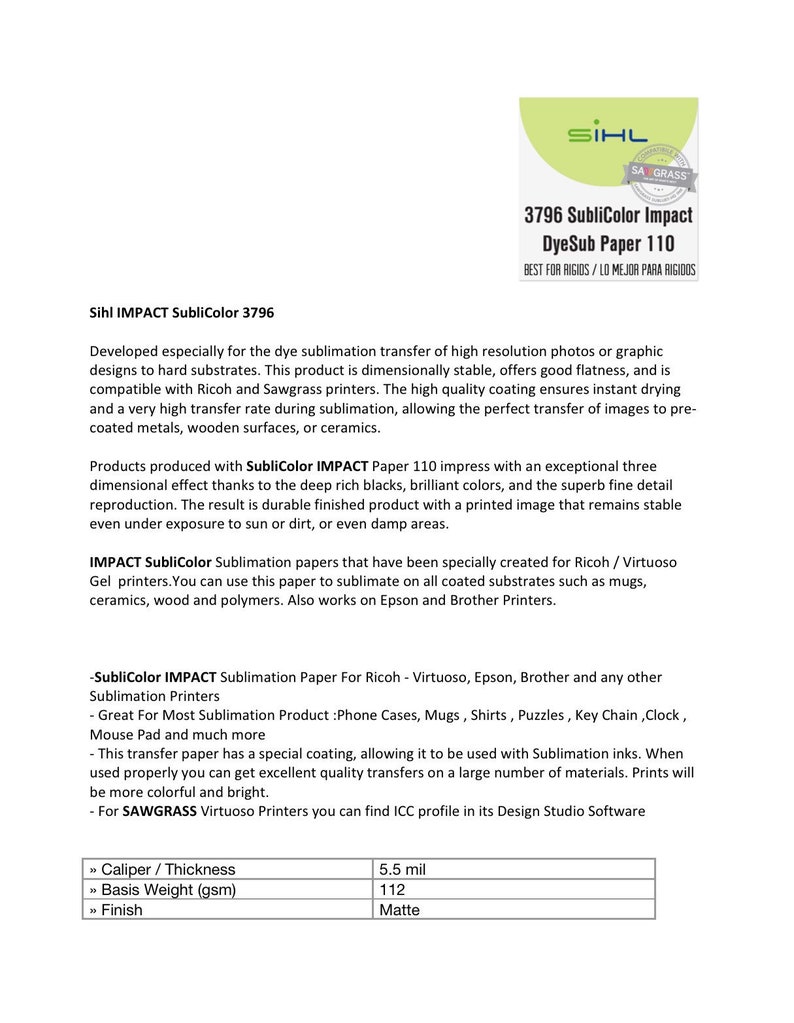 Sihl Sublicolor IMPACT Dye Sub Paper 8.5x11 for | Etsy