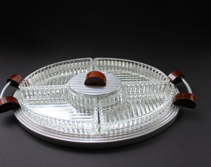 Art Deco Mirror Tray With Serving Bowls Made of Fluted Pressed Glass ...